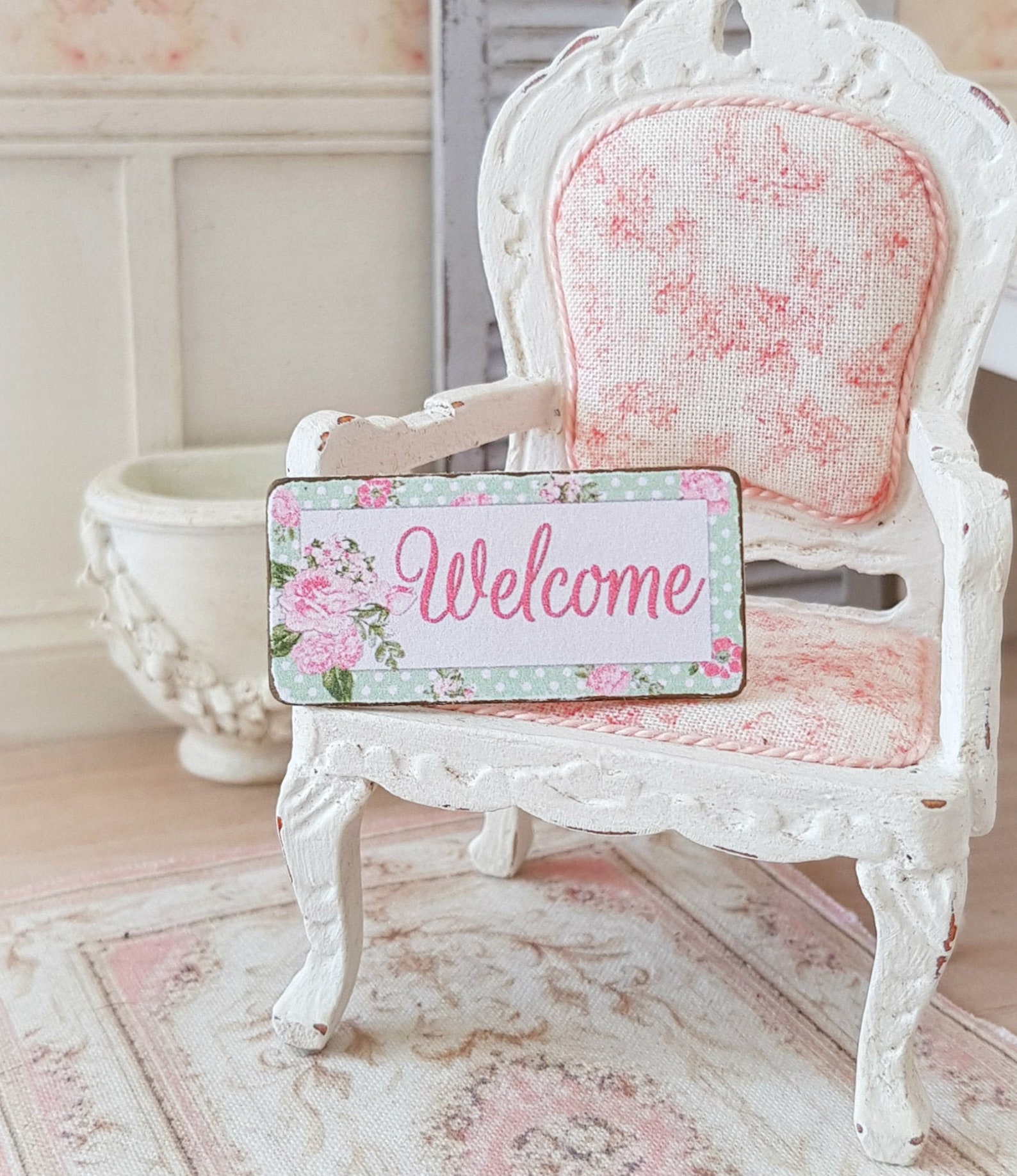 Dollhouse Miniature, Welcome Sign, Pink Floral Picture, Home Plaque ...