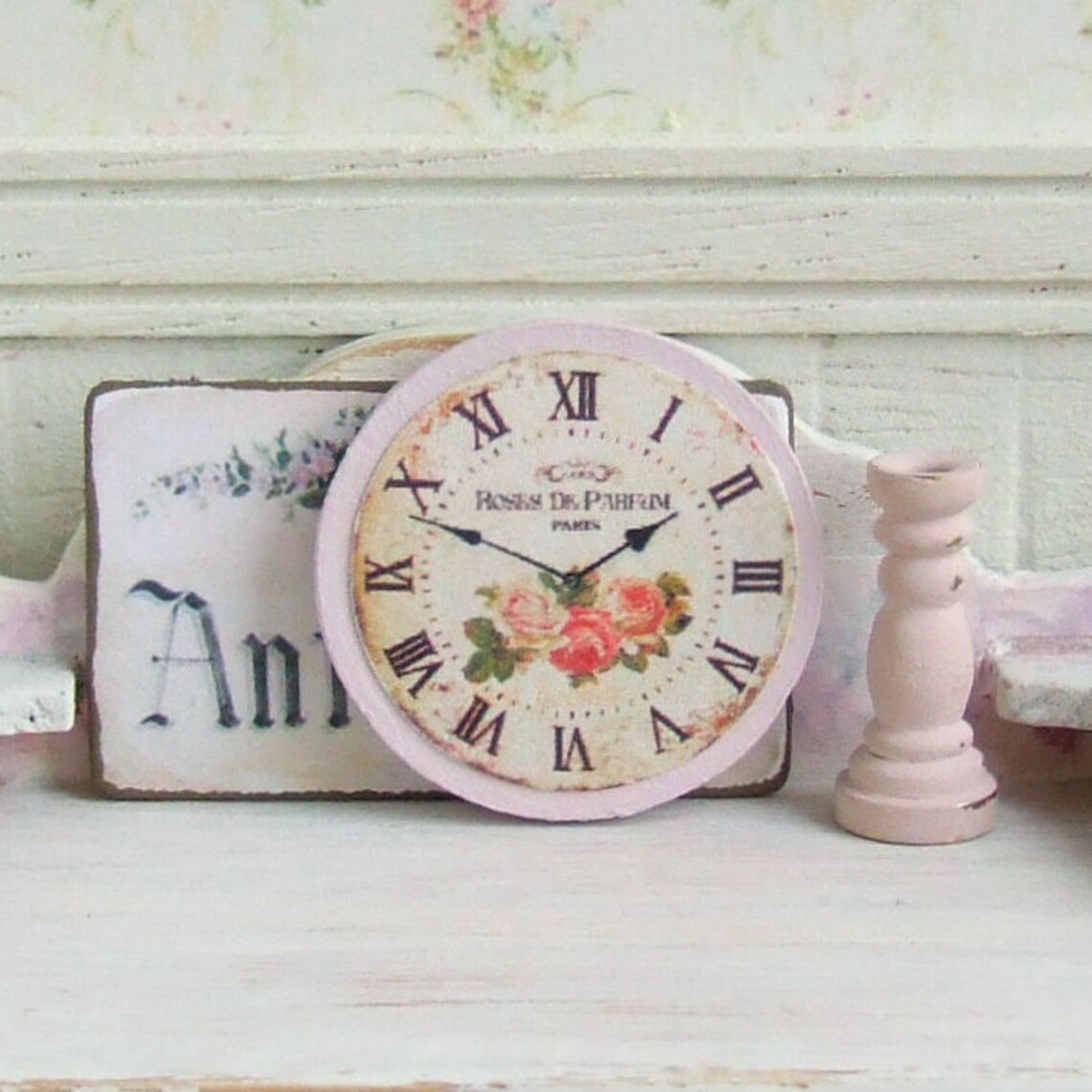Dollhouse Miniature, Pink French Clock, Floral Home Decor, Rose Picture ...