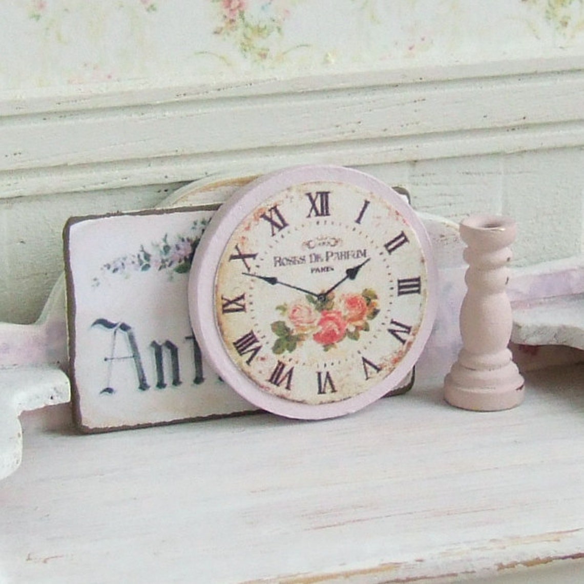 Dollhouse Miniature, Pink French Clock, Floral Home Decor, Rose Picture ...