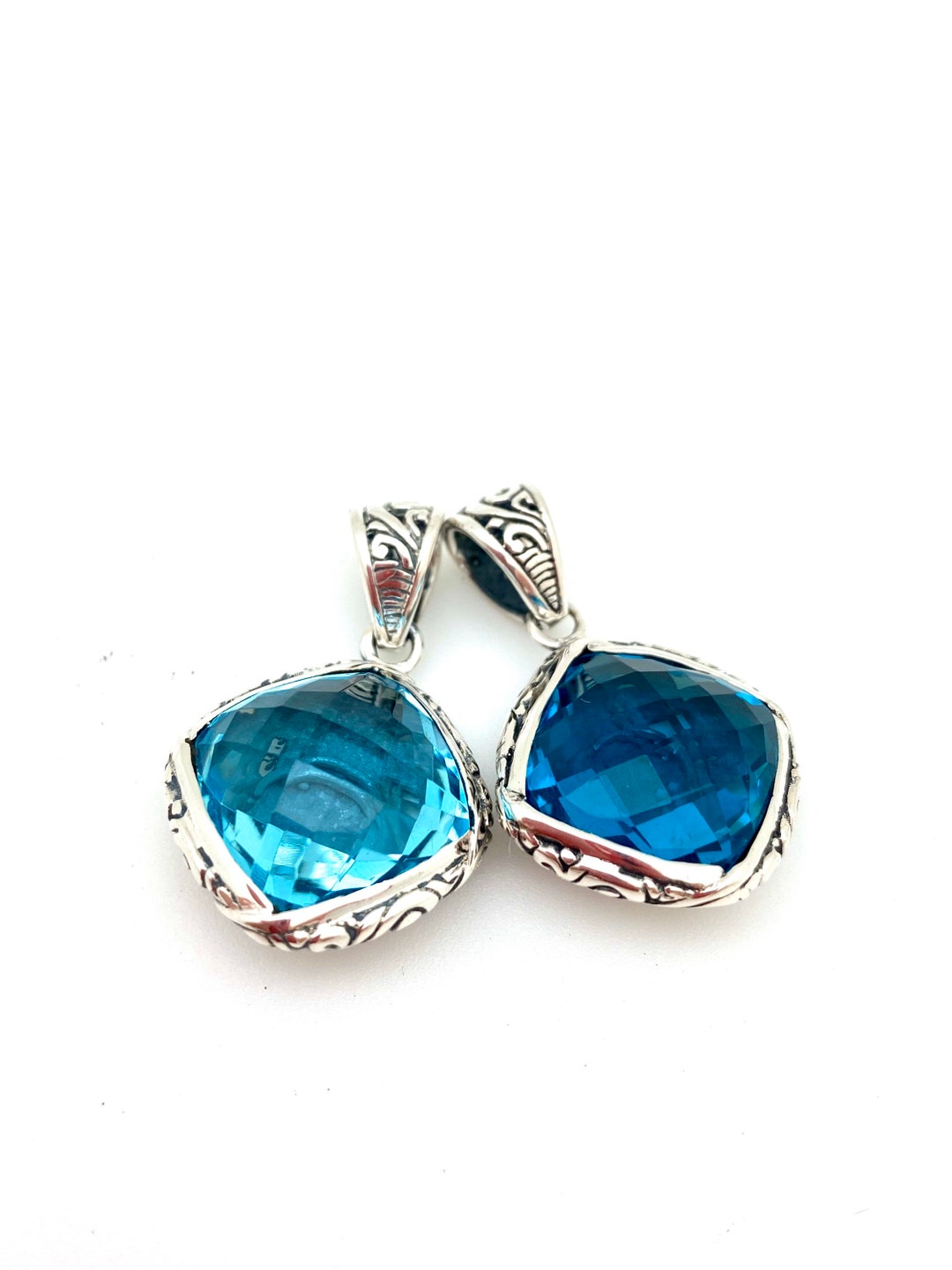 Sterling Silver Square London Blue or Blue Topaz Bali Pendant - Etsy