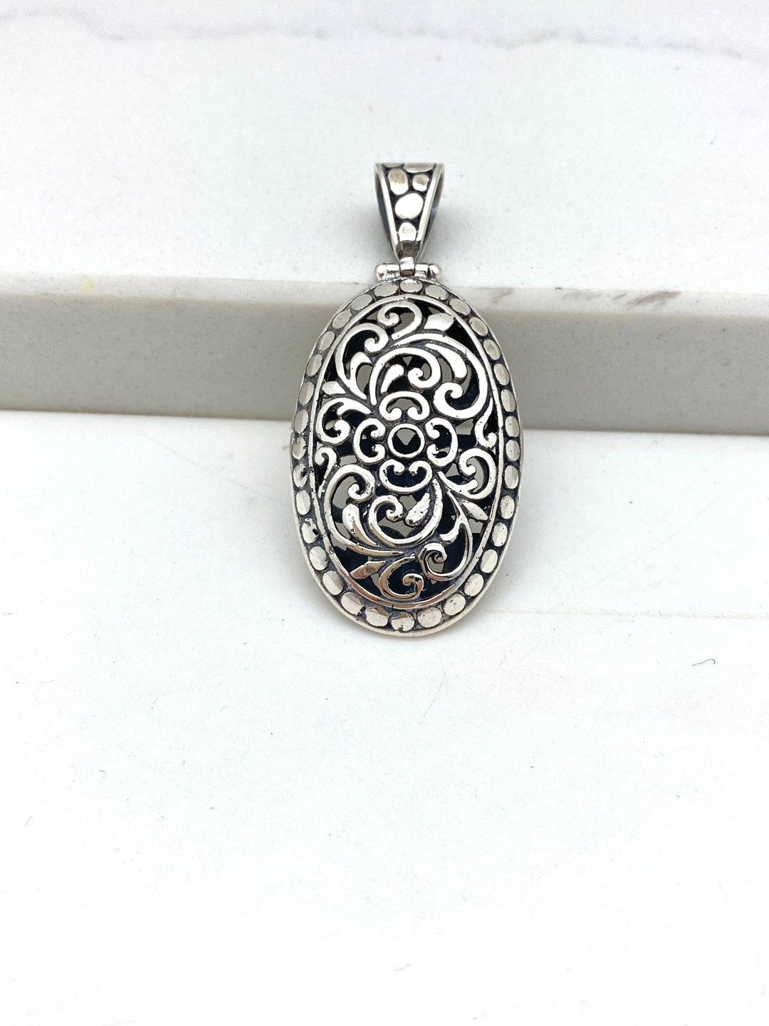 Large Sterling Silver Oval Bali Pendant - Etsy