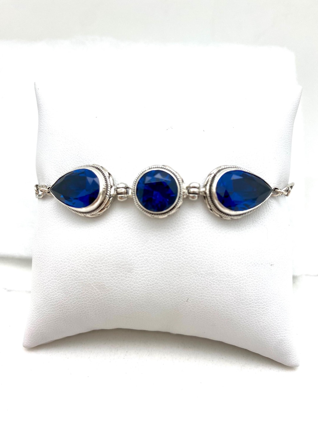Sterling Silver Large Triple Stone Blue Sapphire Bali Bracelet - Etsy
