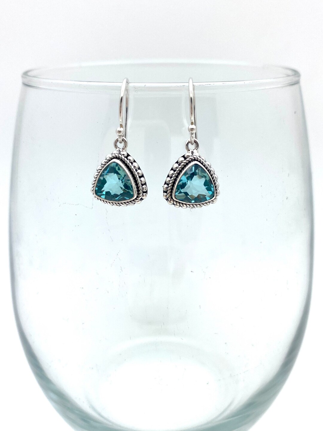 Sterling Silver Triangular Blue Topaz Bali Earrings - Etsy