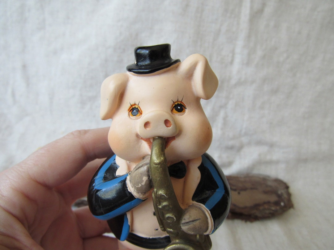Pig Playing the Saxophone, Vintage Solid Pig Musician Figurine, Pig ...