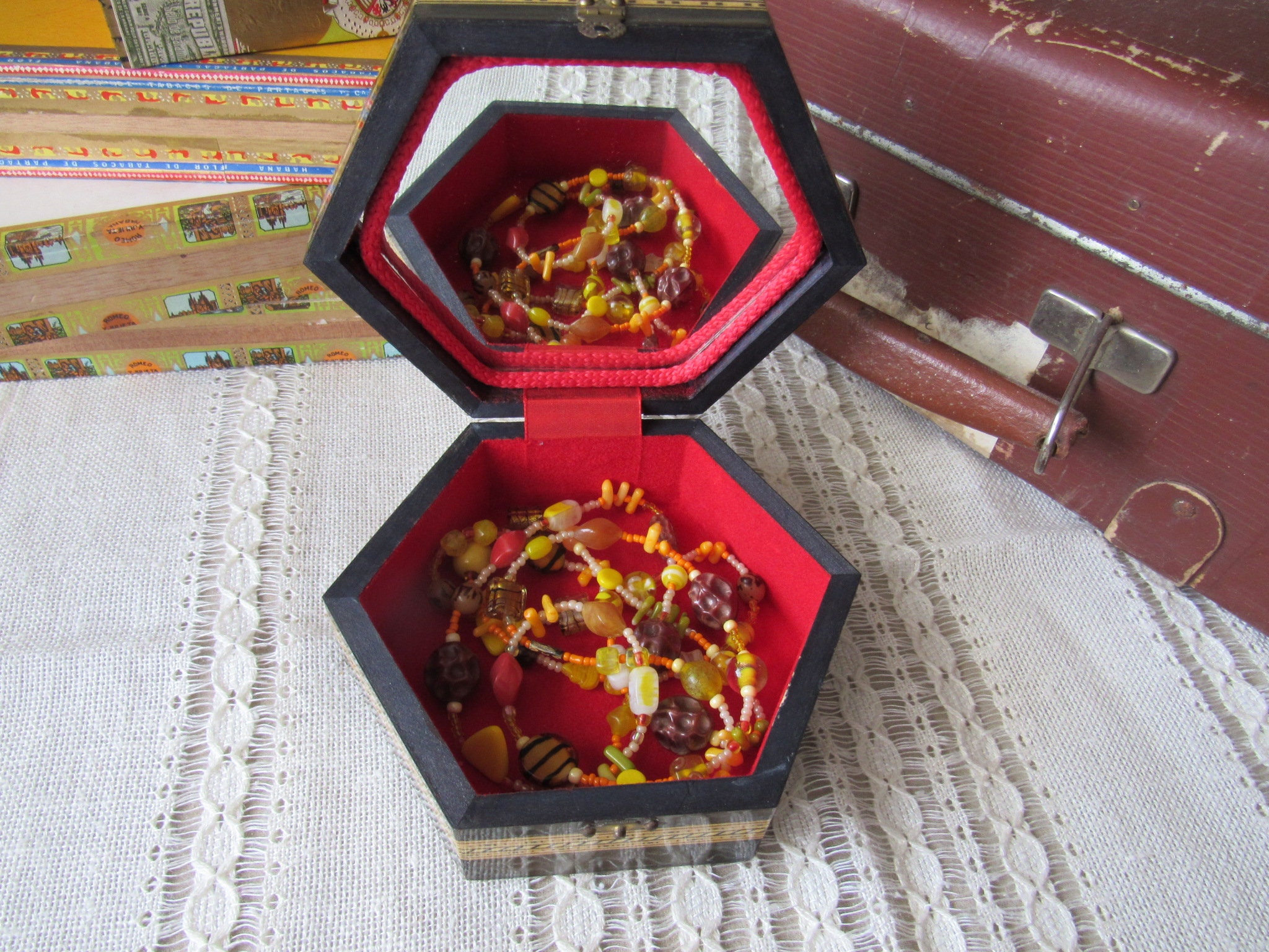 Vintage Inlay Wooden jewelry Box box with Mirror hexagon | Etsy