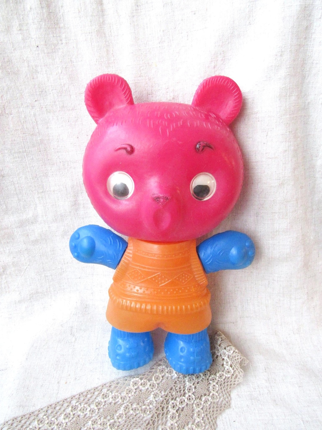 Vintage Plastic Bear Toy, Bright Pink Blue Orange Pink Bear - Etsy