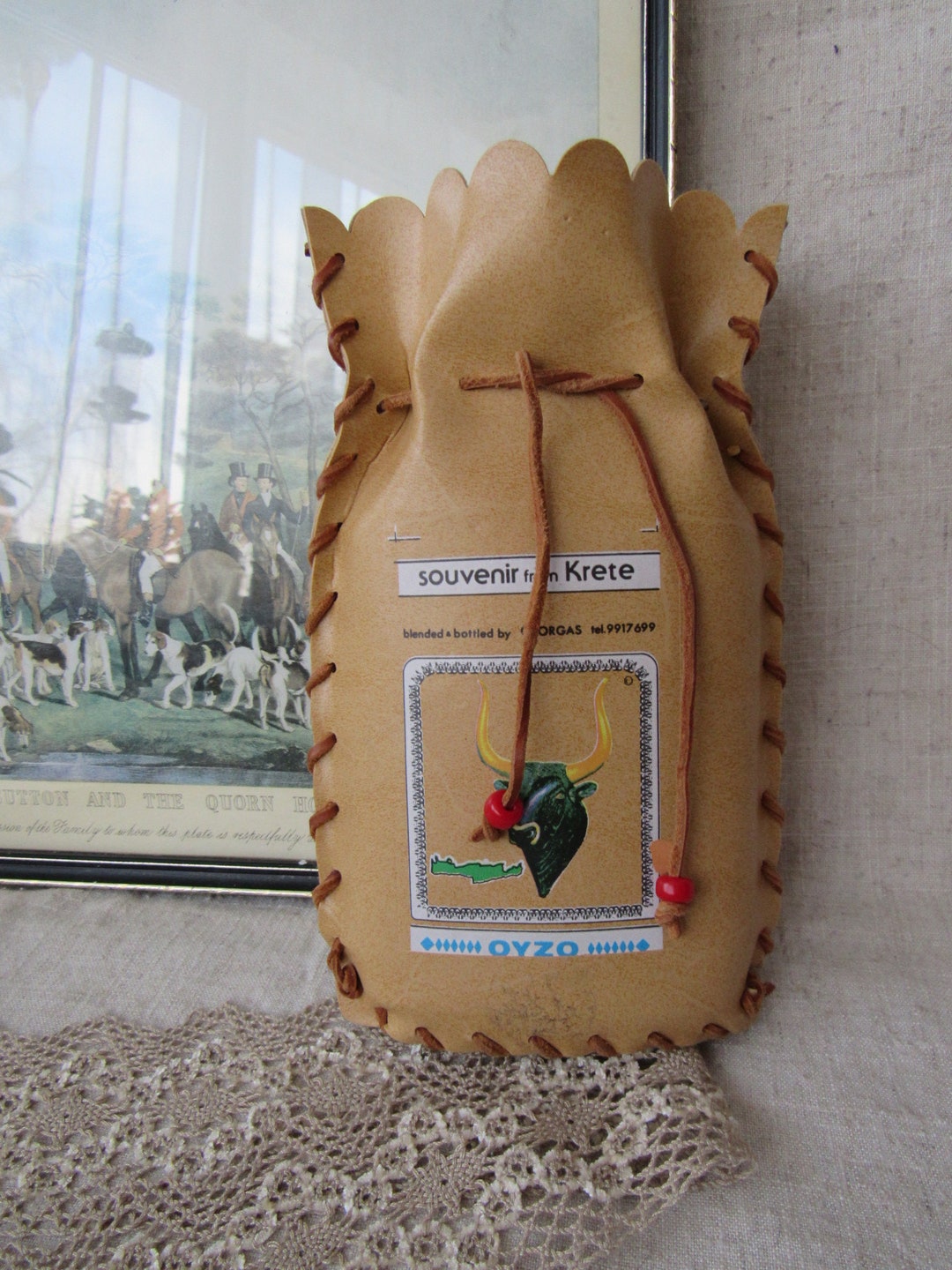 Bottle of Krete Ouzo in Leather Souvenir Bag, Empty Bottle, Souvenir ...