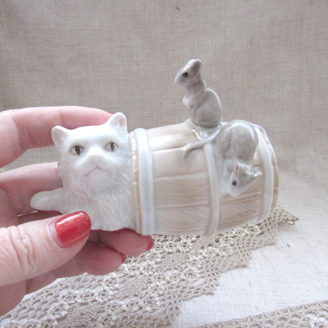 Vintage FOREIGN Cat, Cat in Barrel With Mice, Cute Cat Decor - Etsy ...