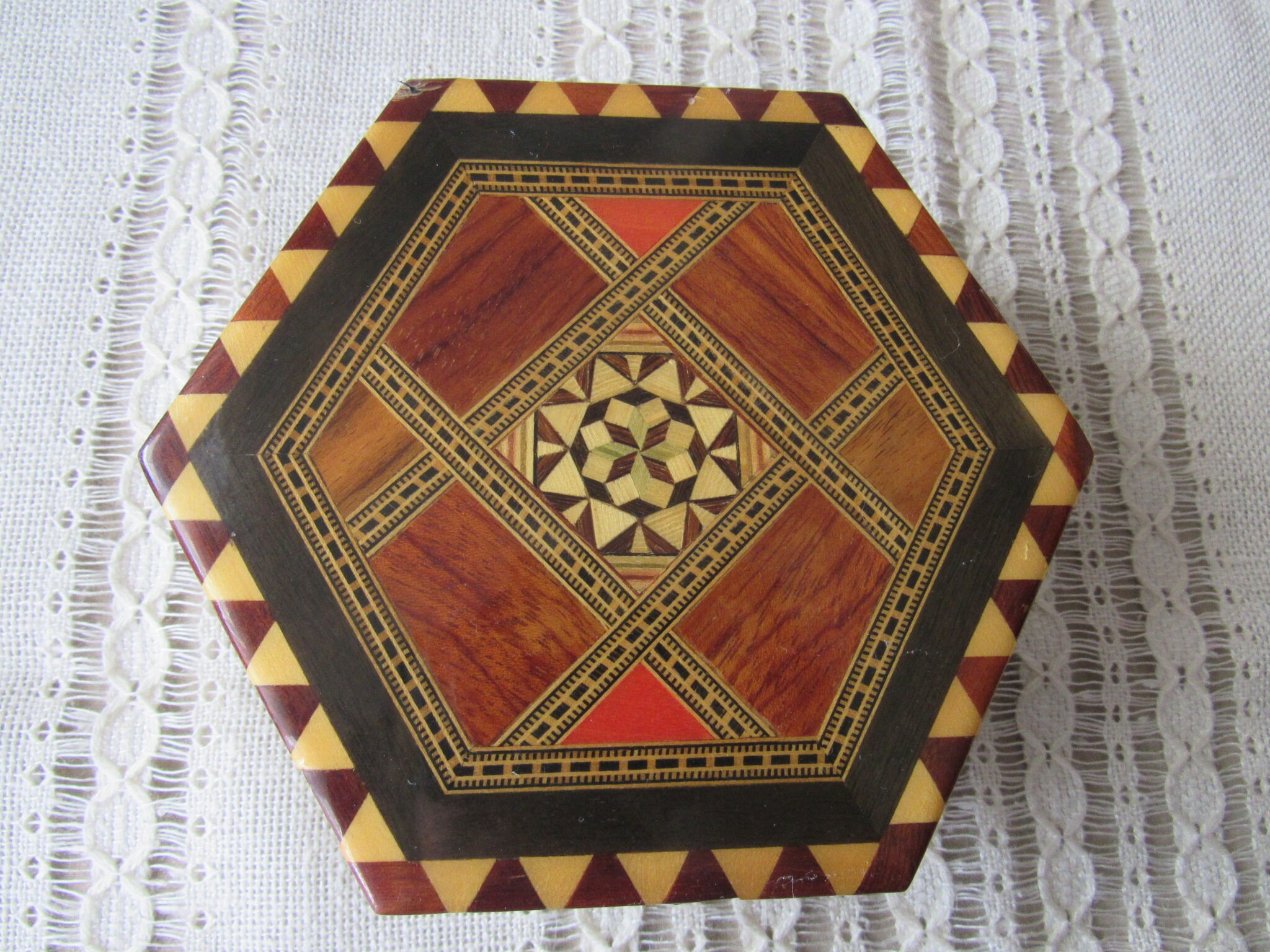Vintage Inlay Wooden jewelry Box box with Mirror hexagon | Etsy