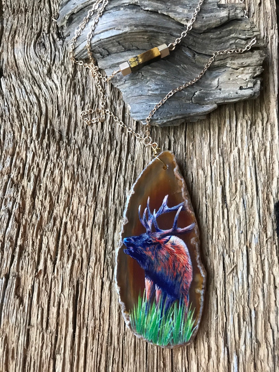 Bugling Bull Elk Necklace: Elk and Tigers Eye Necklace, Double Strand ...