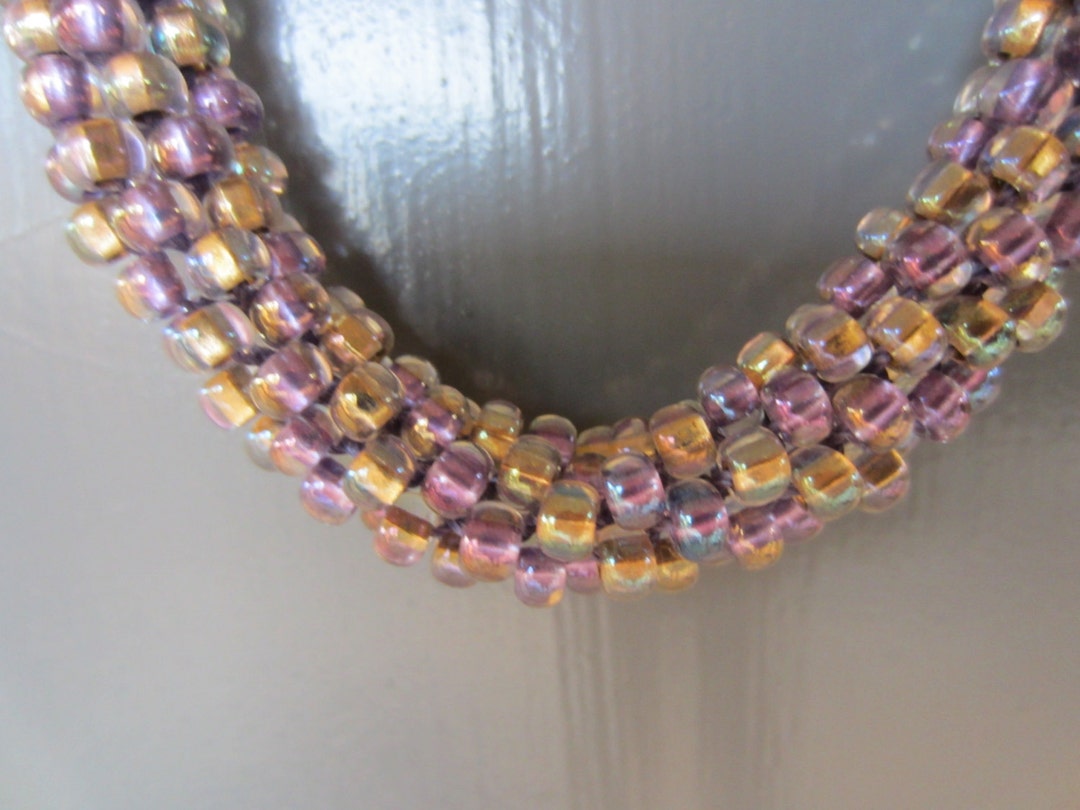 KUMIHIMO BRAIDED ROPE Necklace Champagne and Light Purple Spiral Bridal ...