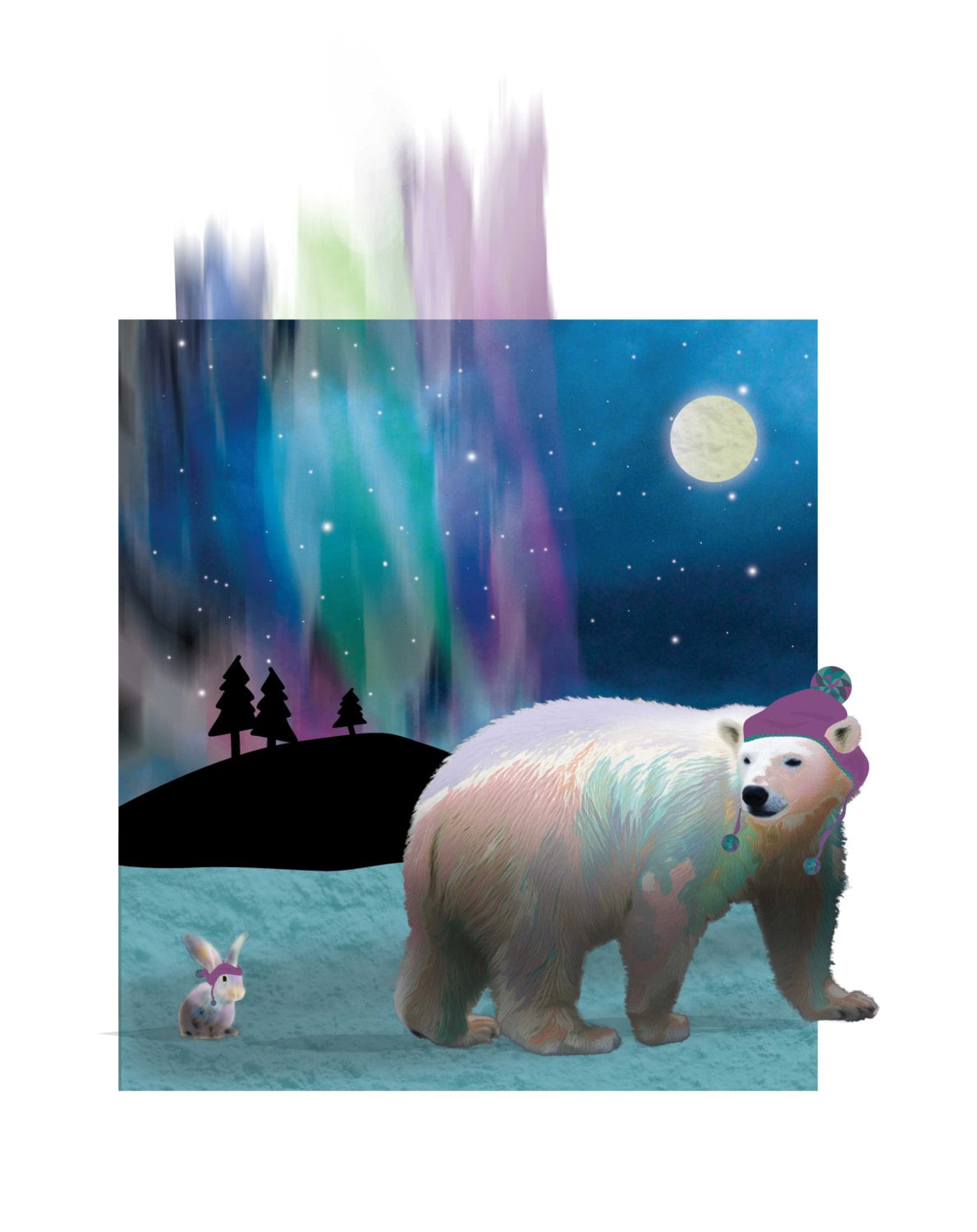 Polar bear and bunny rabbit art. Northern lights art. Arctic | Etsy