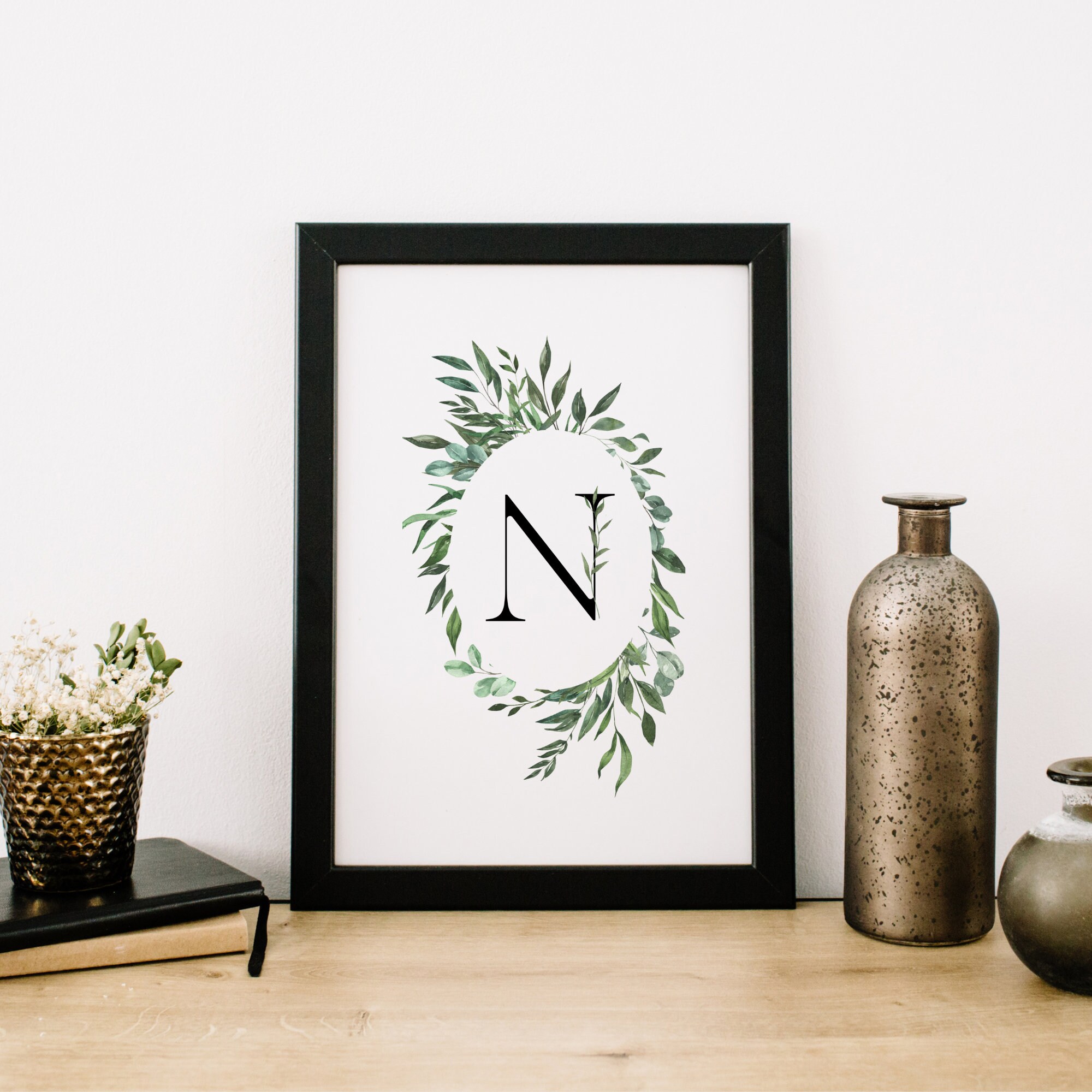 Letter N Print, Printable Digital Download, Black Letter, Eucalyptus ...