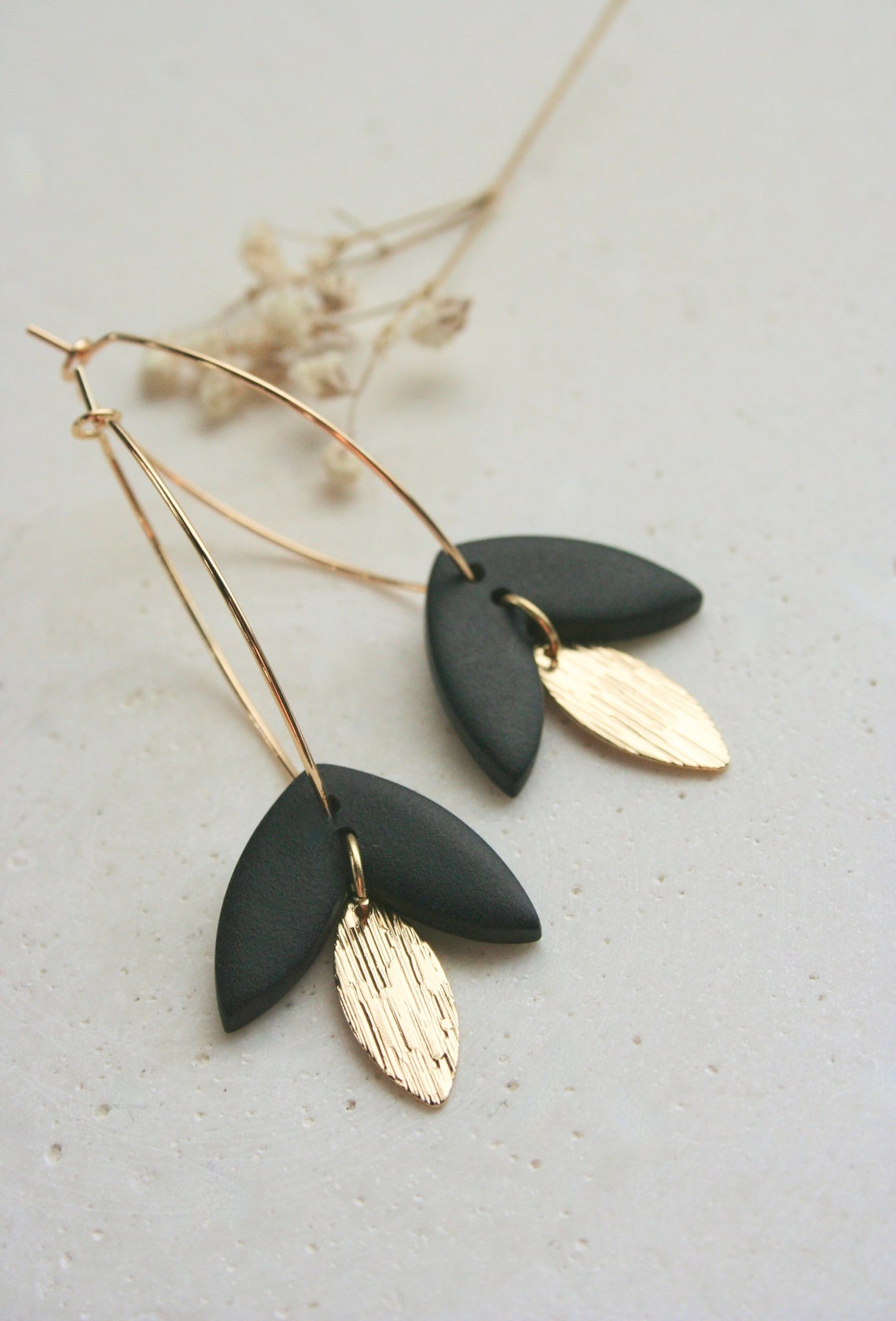 EARRING Long, Long Gold Plated Oval Ring and Double Pendant, Gold Leaf ...
