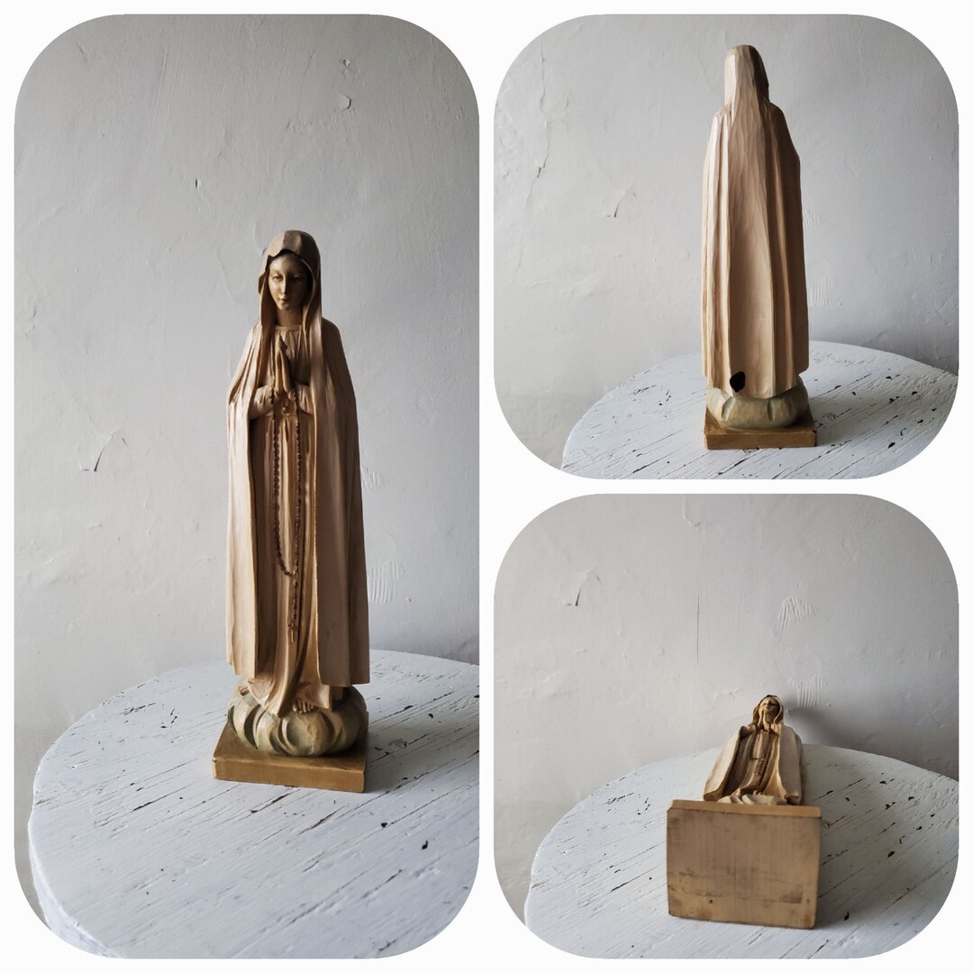 Vintage Our Lady of Fatima Statue Wood Look Resin Carved Catholic ...