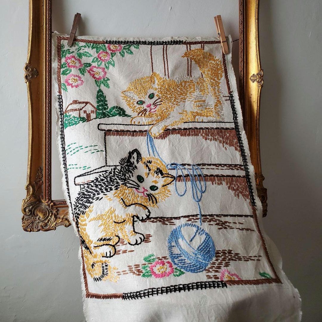 Vtg Cats Crewel Embroidery Art Americana 80s Handmade Art - Etsy