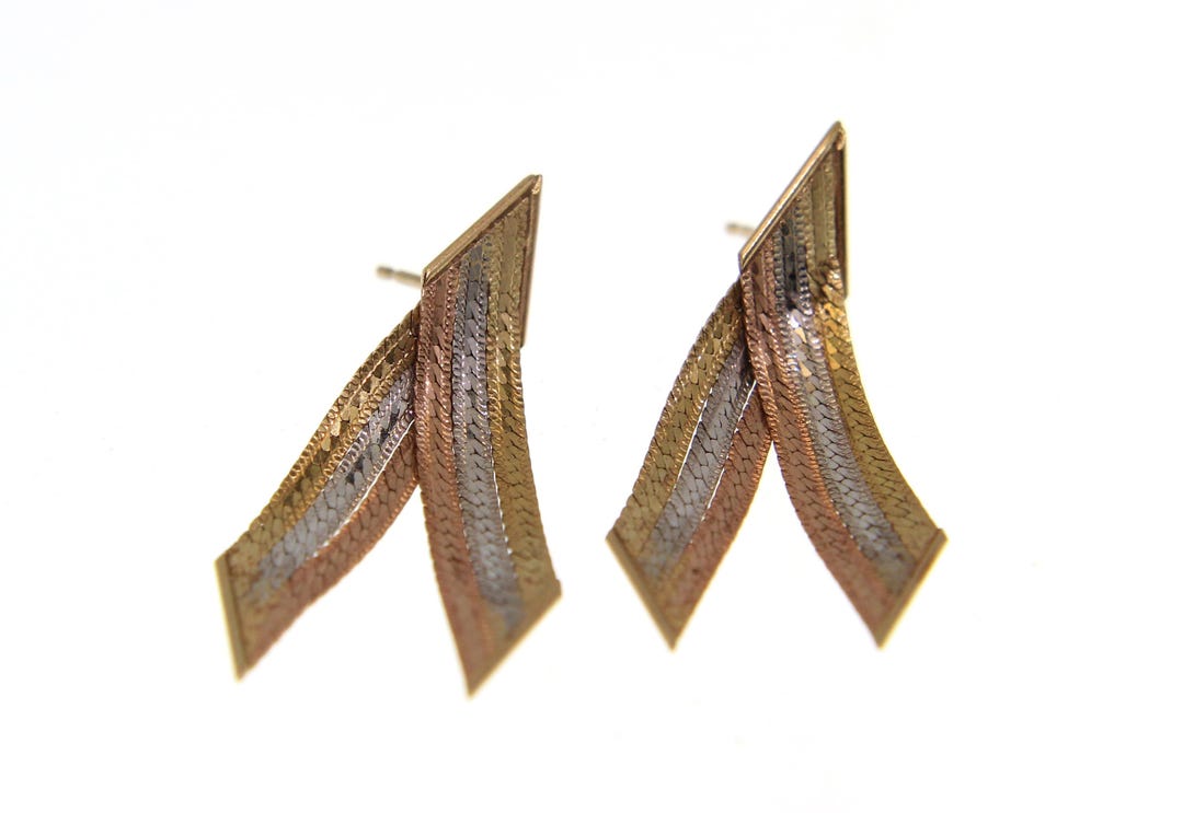 Vintage 14K Tri-color Gold Ribbon Drop Earrings - Etsy
