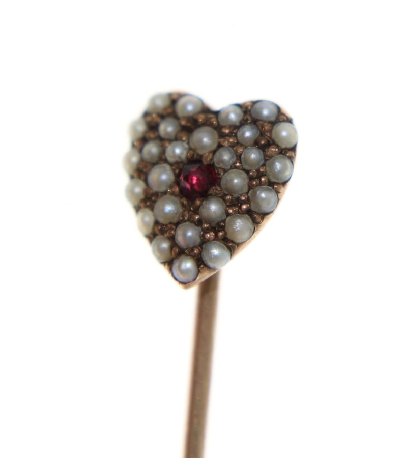 Vintage 14K Seed Pearl and Ruby Heart Stick Pin - Etsy