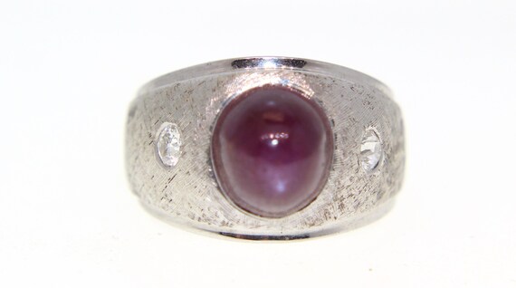 14K White Gold Gents Ruby Cabochon Pinky Ring - Gem