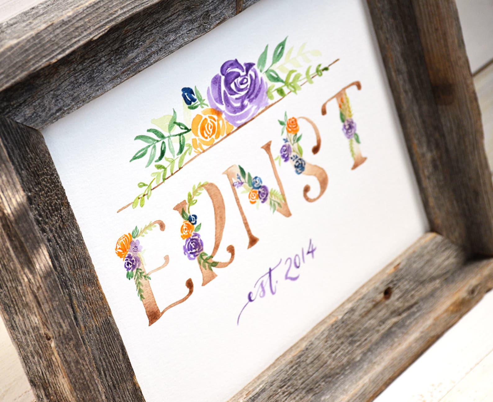 Last Name Sign, Watercolor Painting, Evergreen or Floral Theme ...