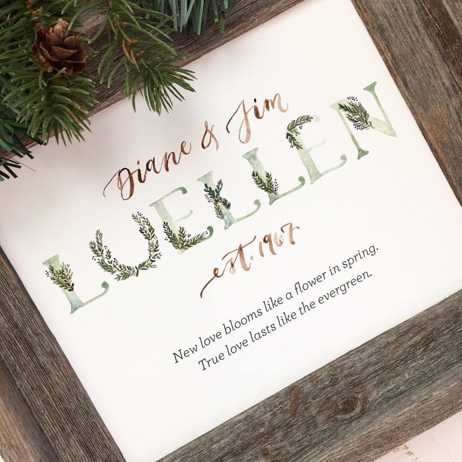 Last Name Sign, Watercolor Painting, Evergreen or Floral Theme ...