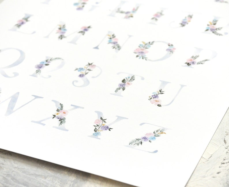 Alphabet Print Watercolor Floral Letters for Girl's Room | Etsy