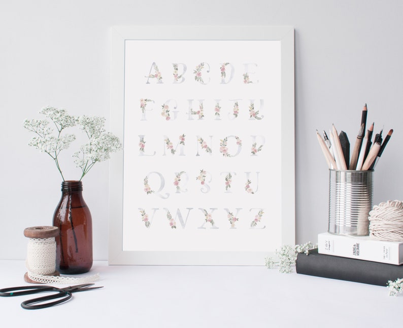 Alphabet Print Watercolor Floral Letters for Girl's Room | Etsy