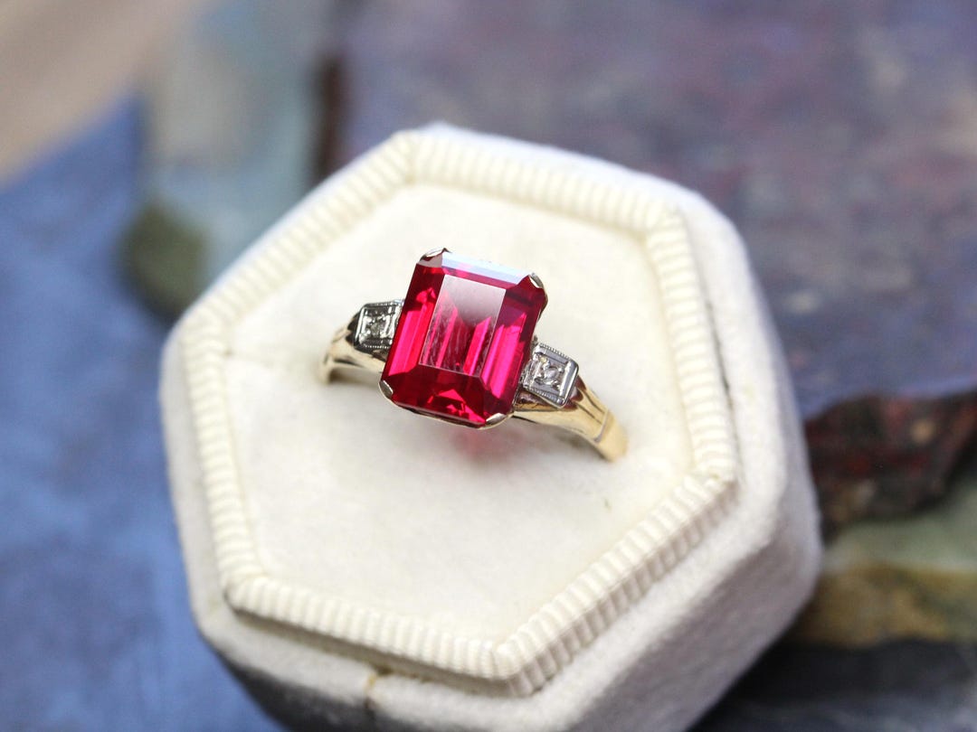 Authentic Vintage Ruby Ring, Mid Century Yellow Gold Simulated Ruby ...