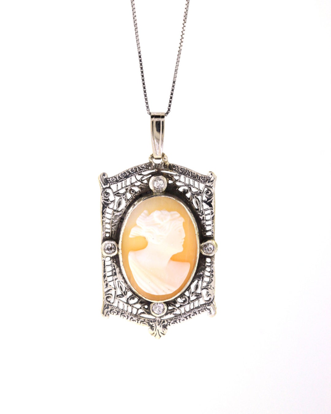 Antique Cameo Pendant, Sterling Silver Diamond Cameo Necklace ...