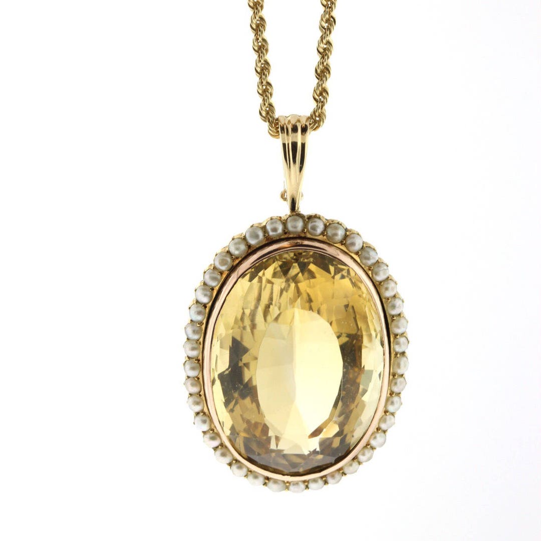 Vintage Citrine Pendant, Rose Gold Citrine & Pearl Pendant, 80ct Oval ...