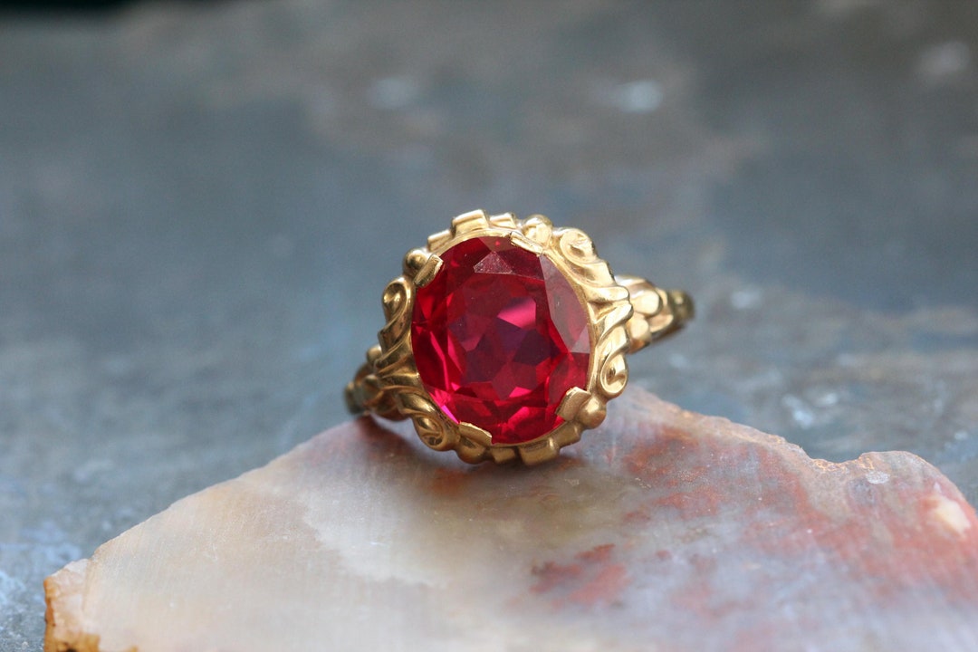 Vintage Ruby Ring, Mid Century Yellow Gold Simulated Ruby Ring, ESEMCO Jewelry - Etsy