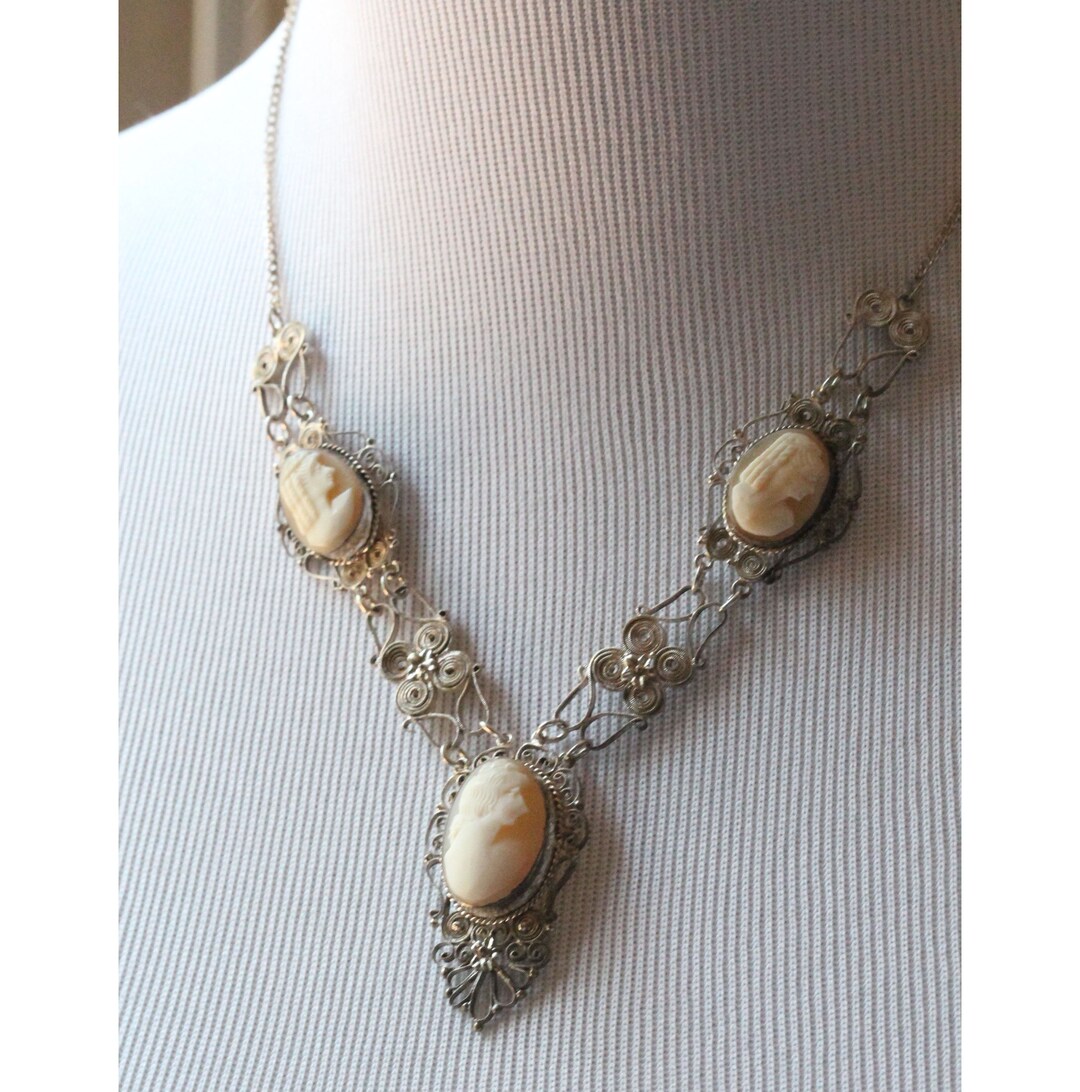 Vintage Cameo Necklace, Silver Cameo Filigree Necklace, Hand Engraved ...