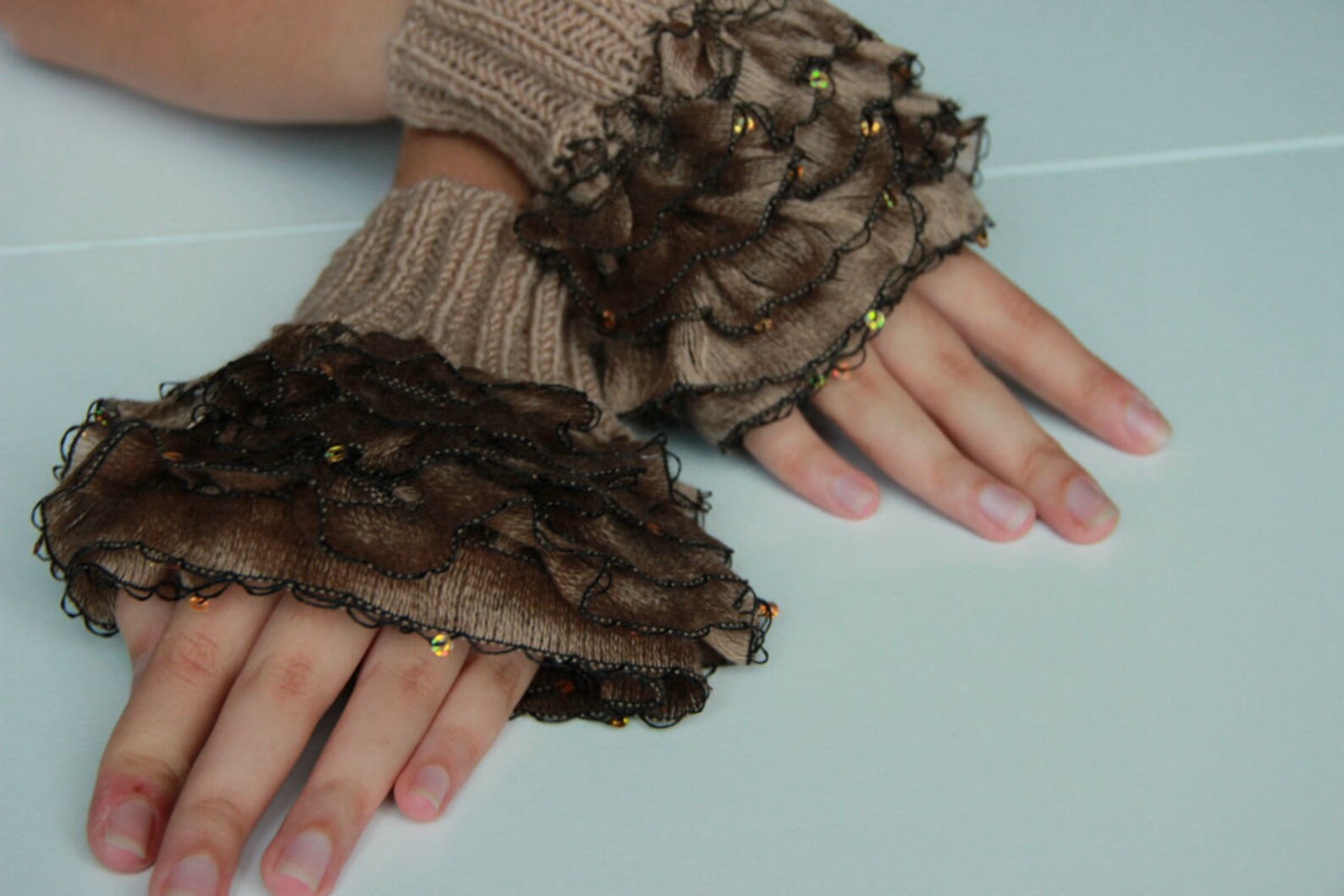 Fingerless Gloves: Hand Knit Elegant Ruffled Gloves, Frilly Gloves ...