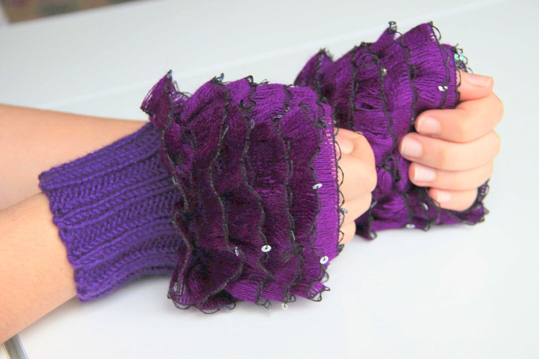 Fingerless Gloves, Hand Knit Mittens Hand Knit Ruffled Sequined Purple ...