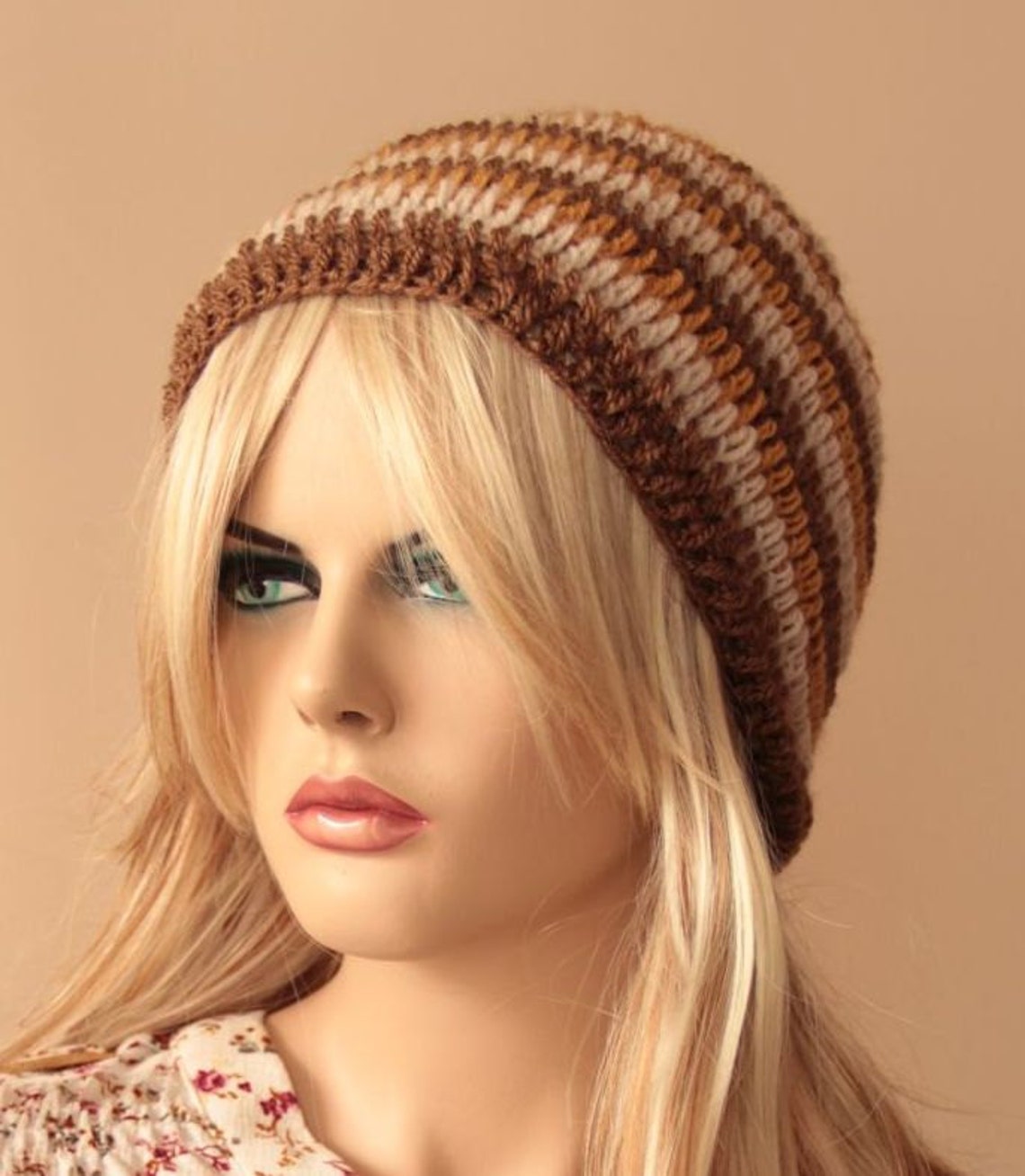Striped Hat Hand Knit 3 Colors, Brown Ivory Mustard Green Red Blue ...