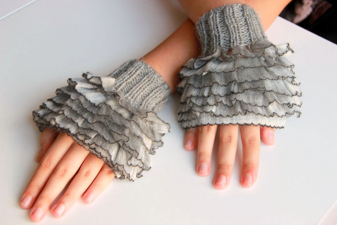 Fingerless Gloves, Frilly Gloves, Cozy Hand Knitted Mittens, Handknit ...