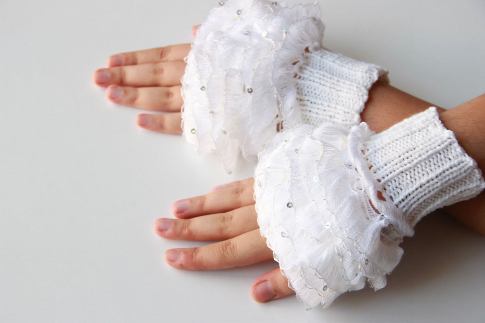 Fingerless Gloves: Hand Knit Elegant Ruffled White Colored Gloves ...