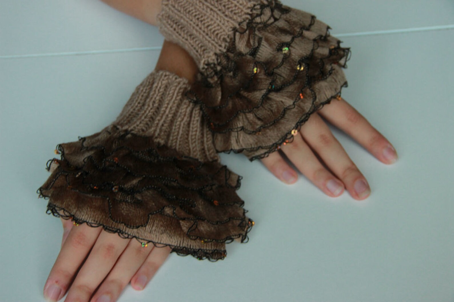 Fingerless Gloves: Hand Knit Elegant Ruffled Gloves, Frilly Gloves ...