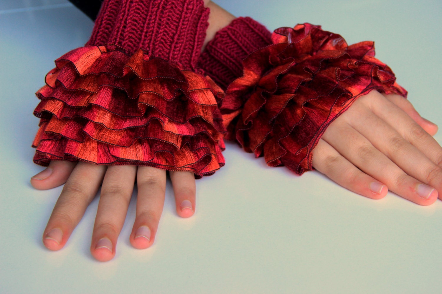 Fingerless Gloves, Cozy Hand Knitted Mittens Hand Knit Elegant Ruffled ...