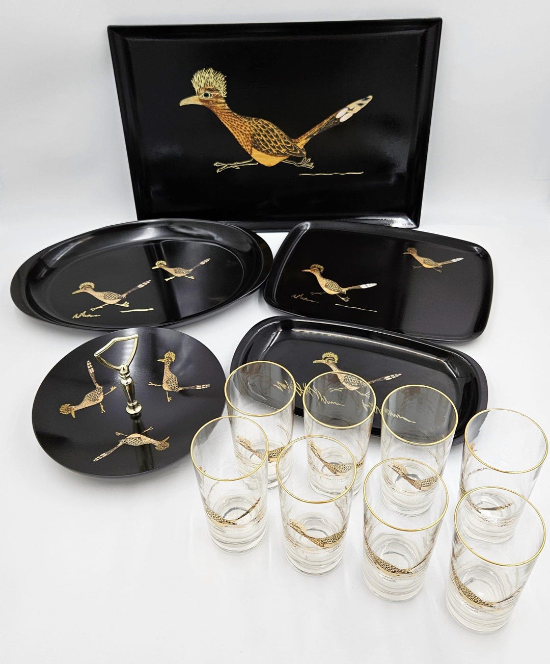 MCM Couroc Melamine Roadrunner Serving Trays & Glassware Huge Set 1966 ...
