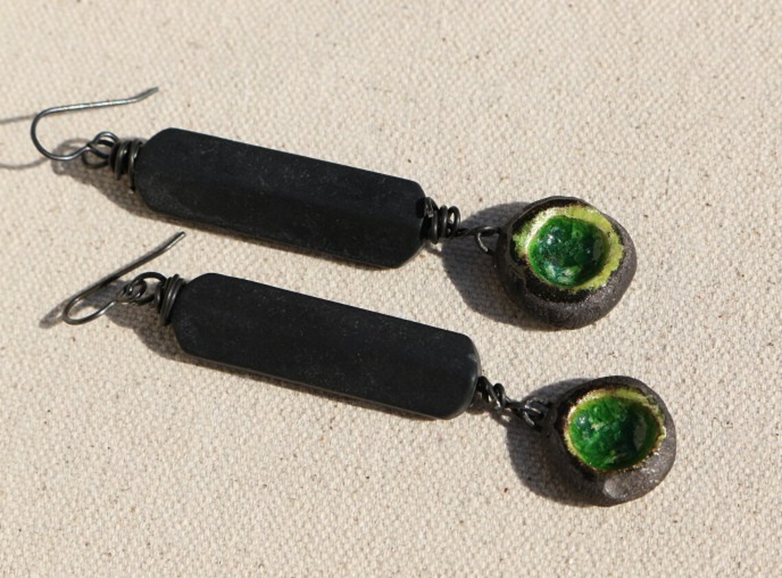 Natural Blackstone Silver and Lime Green Enamel Bowl Dropper - Etsy