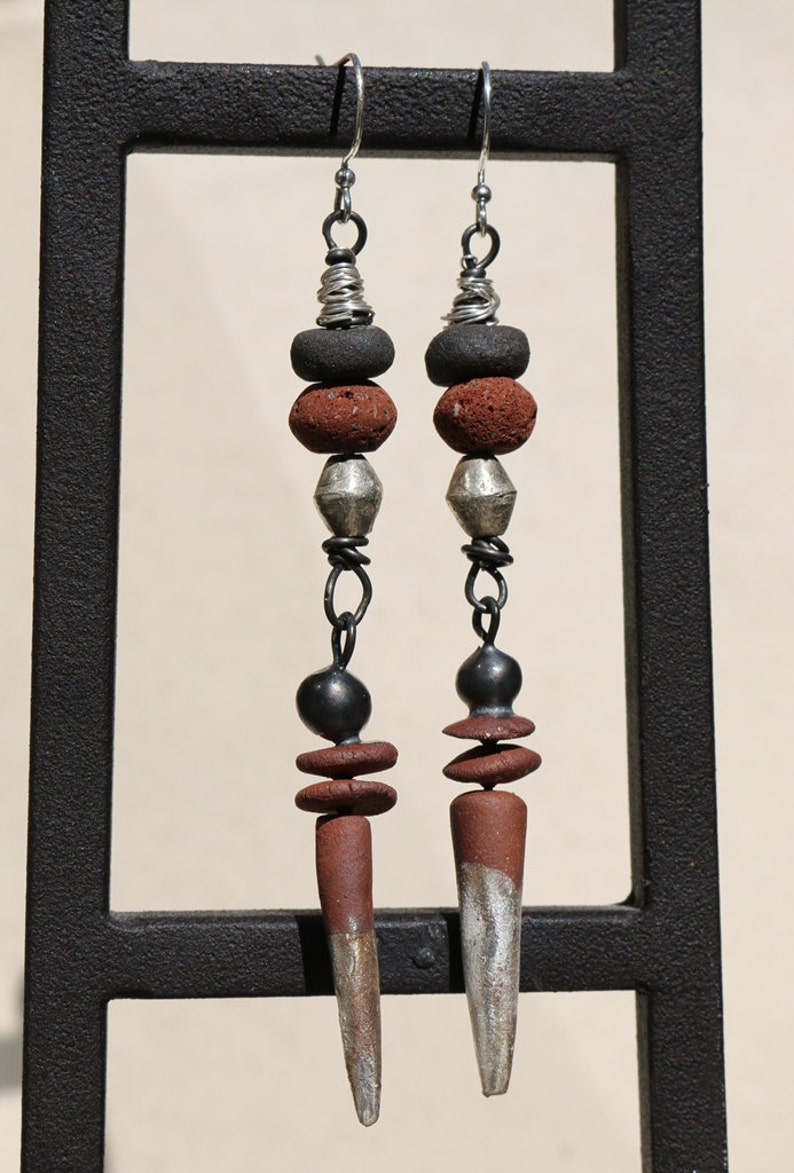 Terracotta and Silver Spike and Discs Rustic Earrings - Etsy