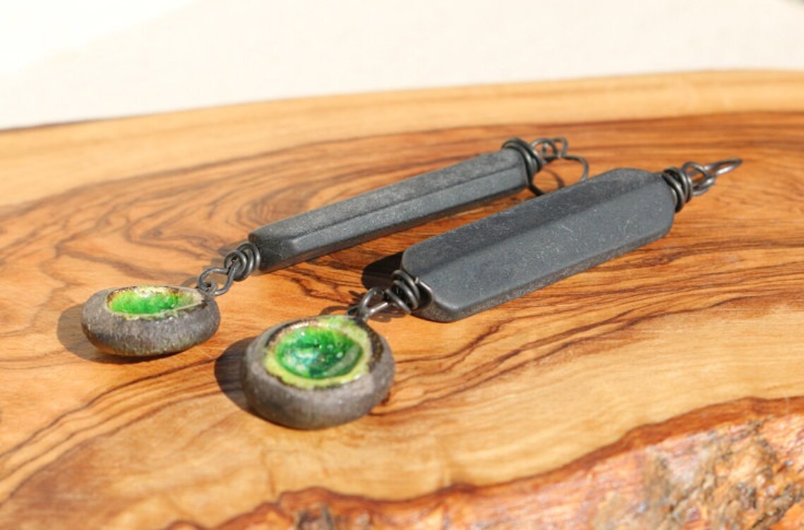Natural Blackstone Silver and Lime Green Enamel Bowl Dropper - Etsy