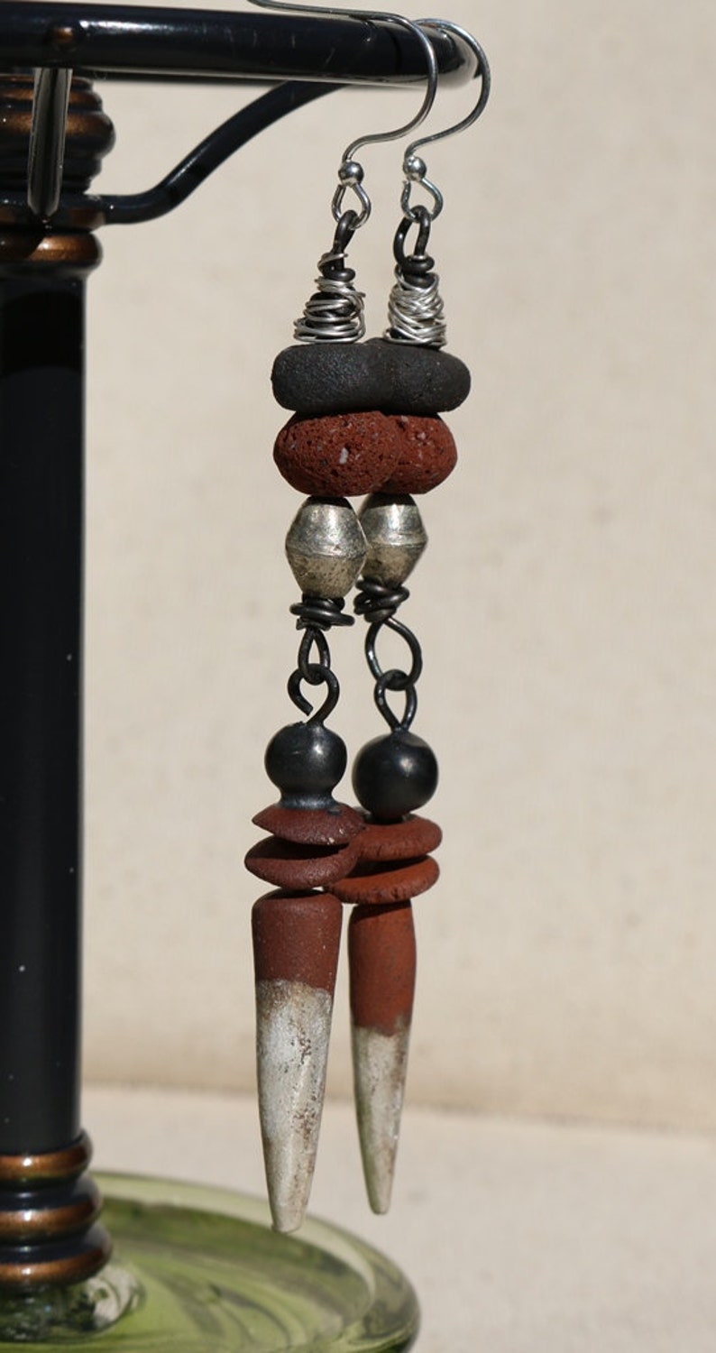 Terracotta and Silver Spike and Discs Rustic Earrings - Etsy