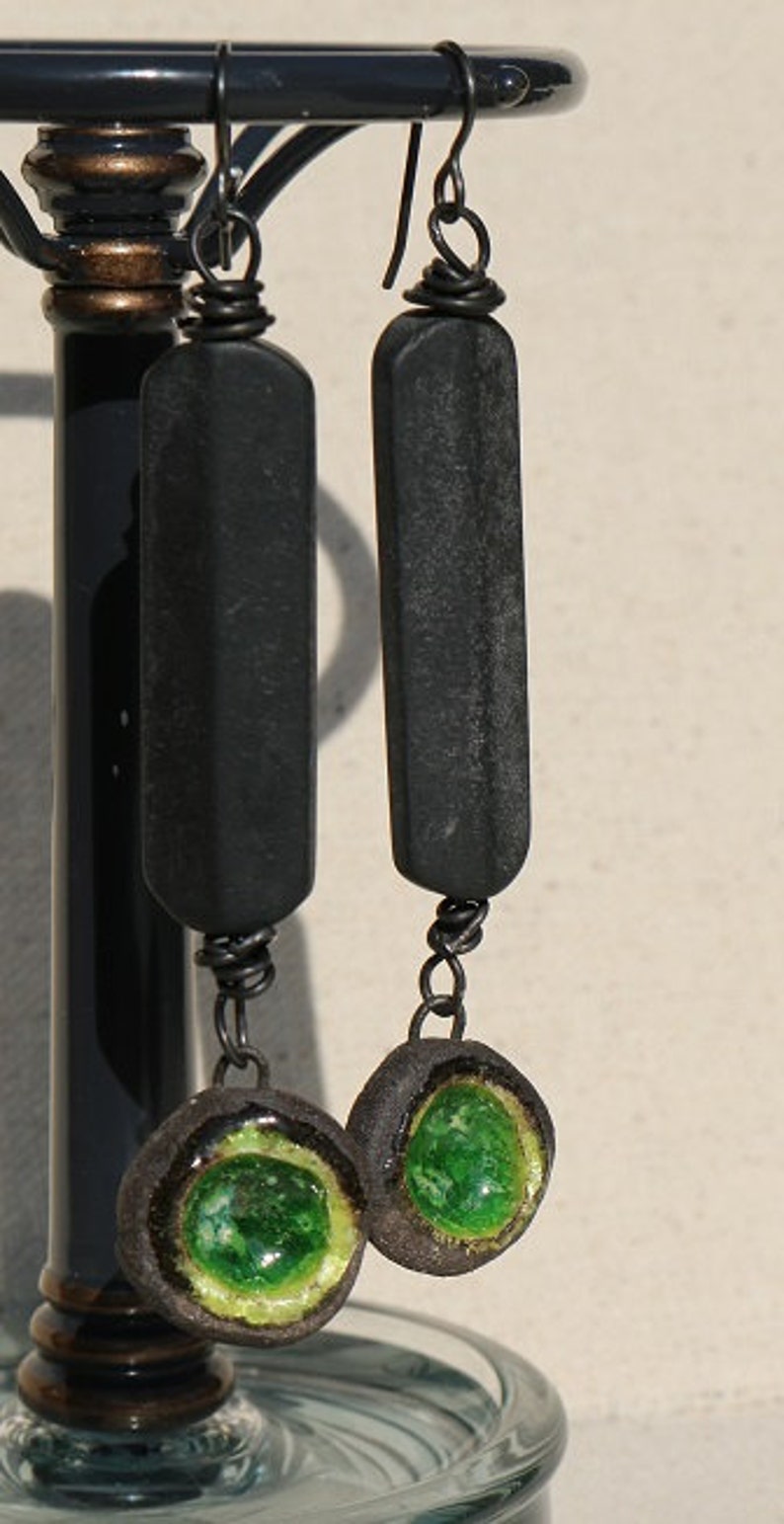 Natural Blackstone Silver and Lime Green Enamel Bowl Dropper - Etsy