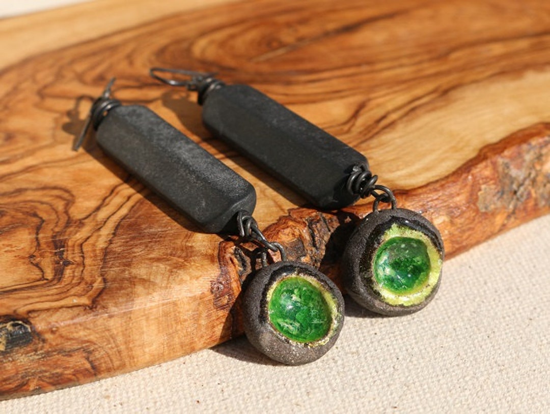 Natural Blackstone Silver and Lime Green Enamel Bowl Dropper - Etsy