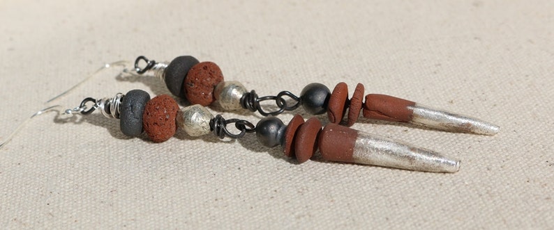 Terracotta and Silver Spike and Discs Rustic Earrings - Etsy