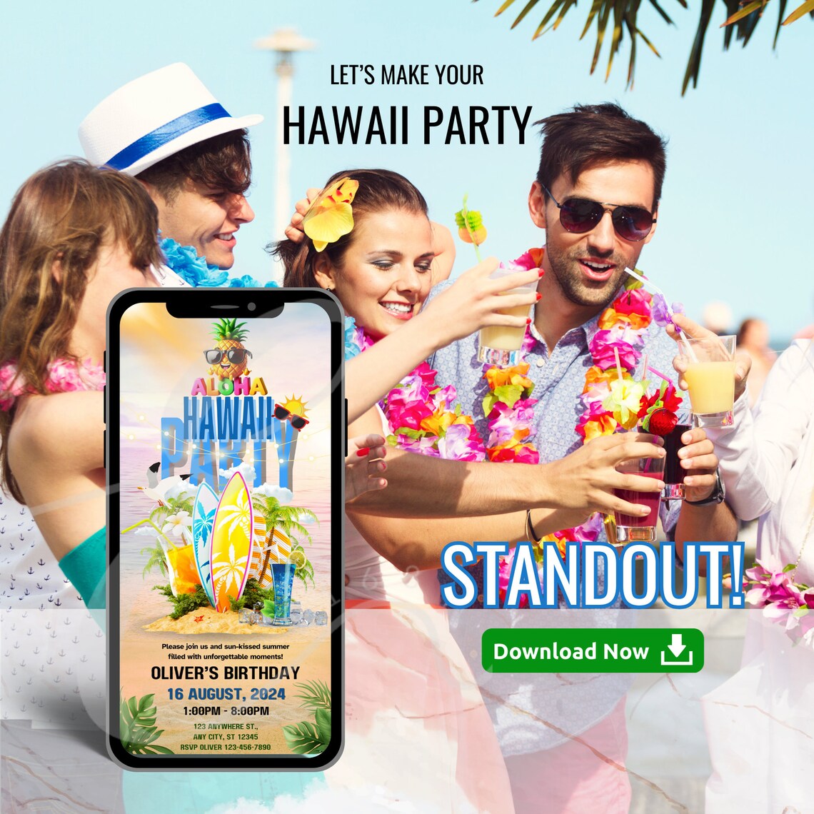 Digital Invitation, Hawaii Invitation, Hawaii Birthday Invitation ...