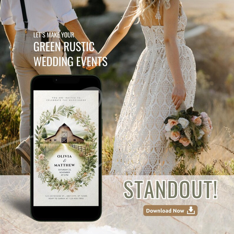 Digital Invitation, Green Invitation, Rustic Wedding Invitation, Rustic Barn Wedding Invitation ...