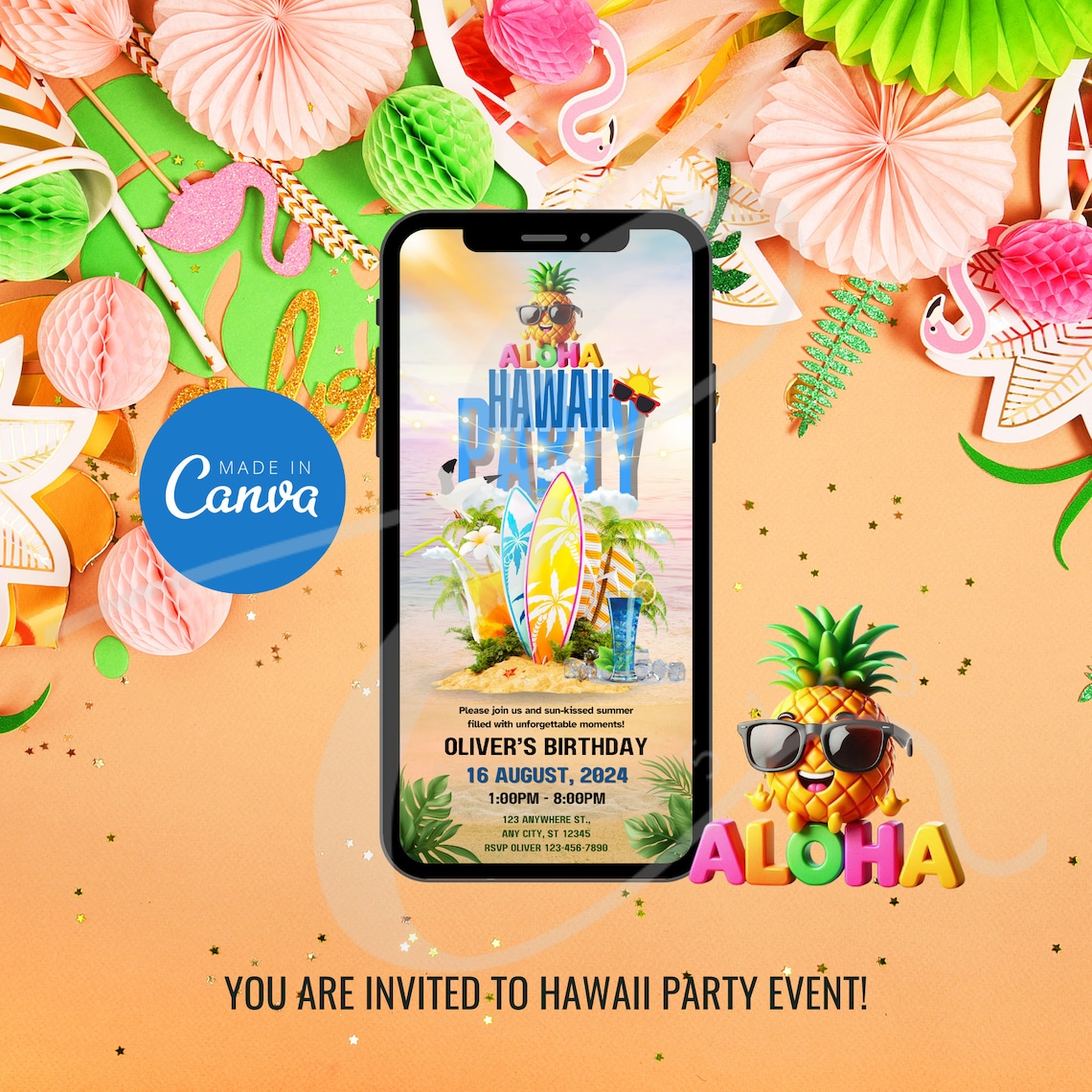 Digital Invitation, Hawaii Invitation, Hawaii Birthday Invitation ...
